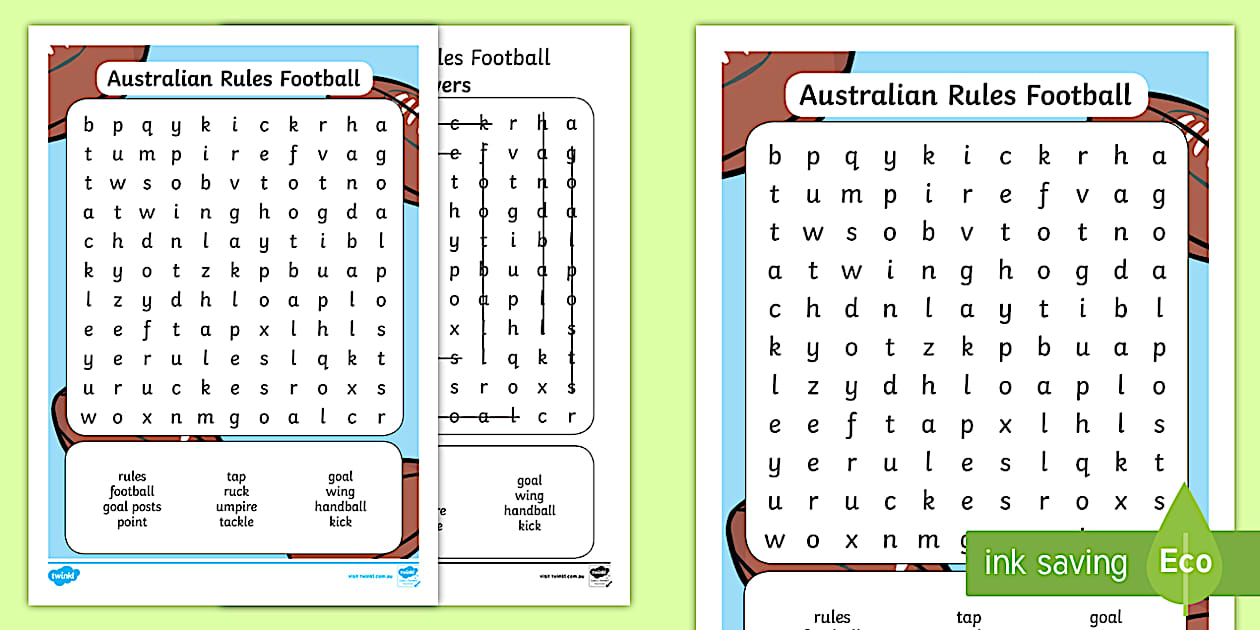 Black and White Australian Rules Football Word Search F-2
