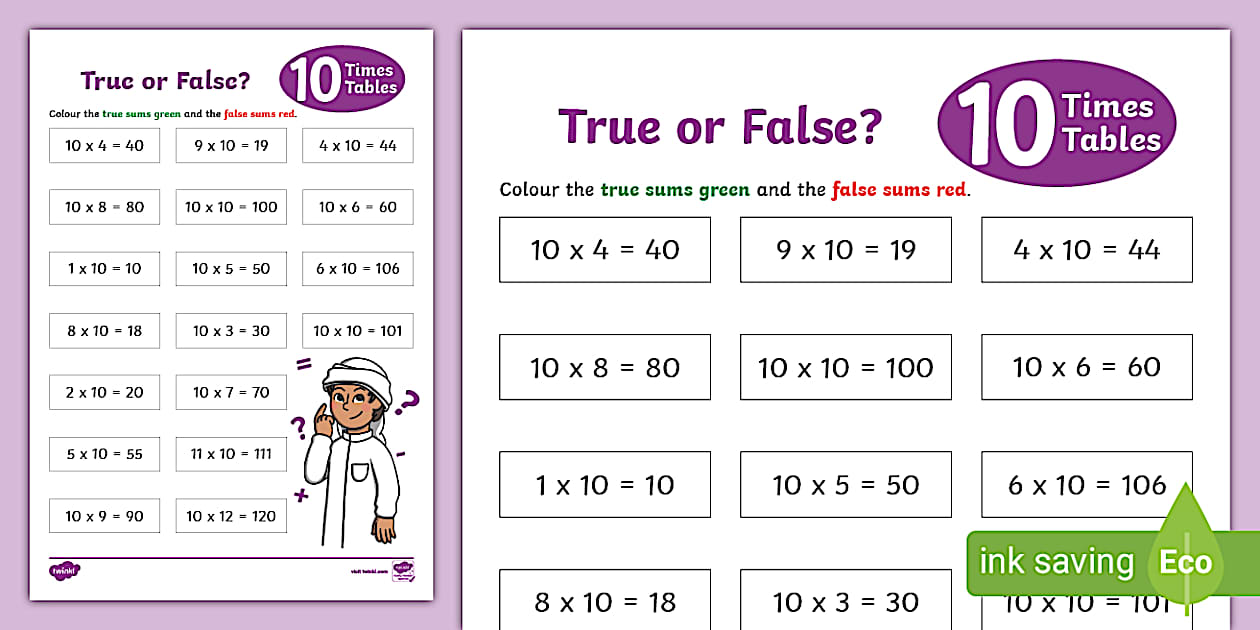 True Or False 10 Times Tables Activity Sheet teacher Made true-or-false-10-times-tables-activity-sheet-teacher-made