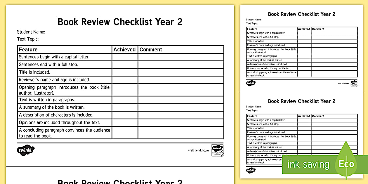 Year 2 Book Review Checklist (teacher made) - Twinkl