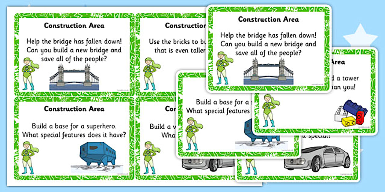 Black and White EYFS Superhero Themed Construction Area Challenge Cards