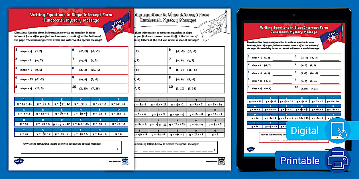 Eighth Grade Writing Equations in Slope Intercept Form Juneteenth Mystery