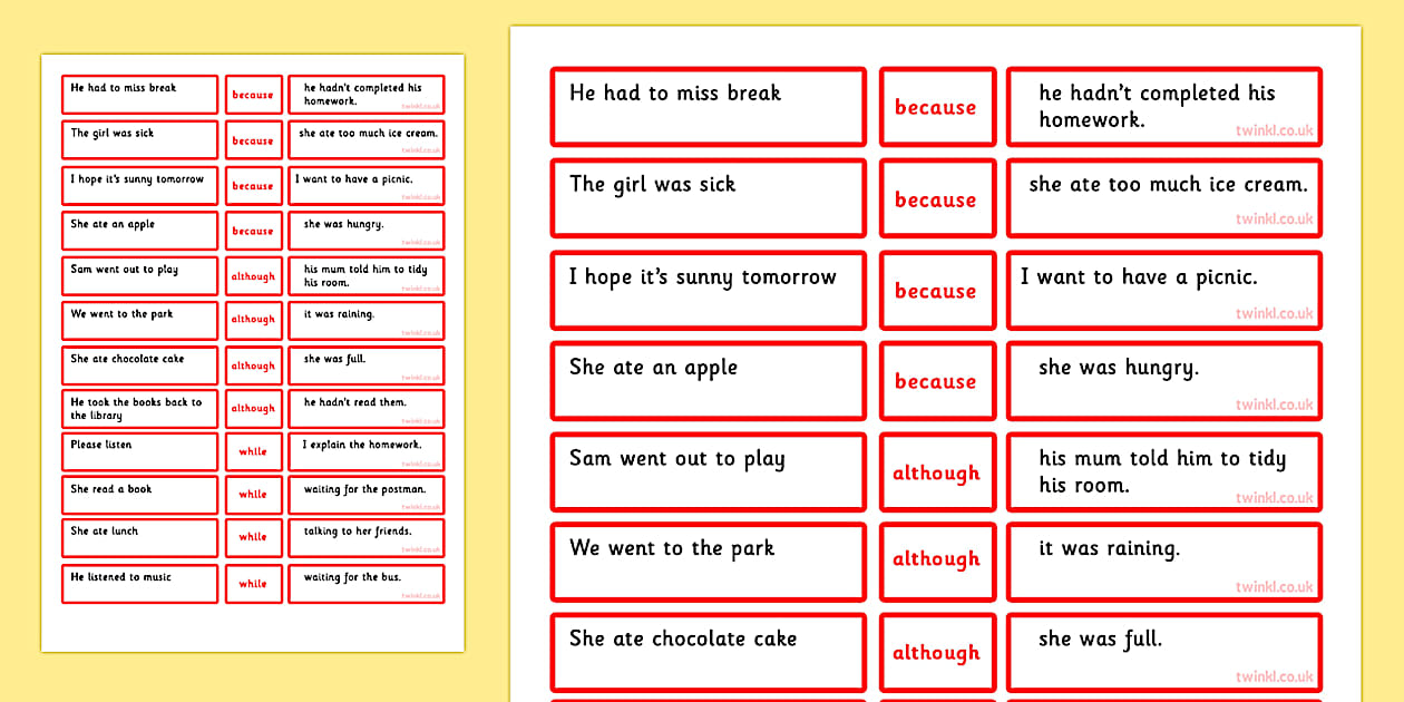 Matching Game Conjunctions Because Although While - Connectives