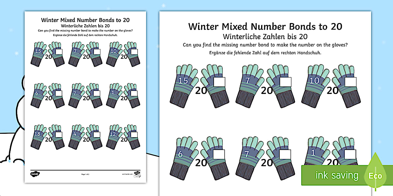Winter-Themed Mixed Number Bonds to 20 Worksheet / Worksheet English/German