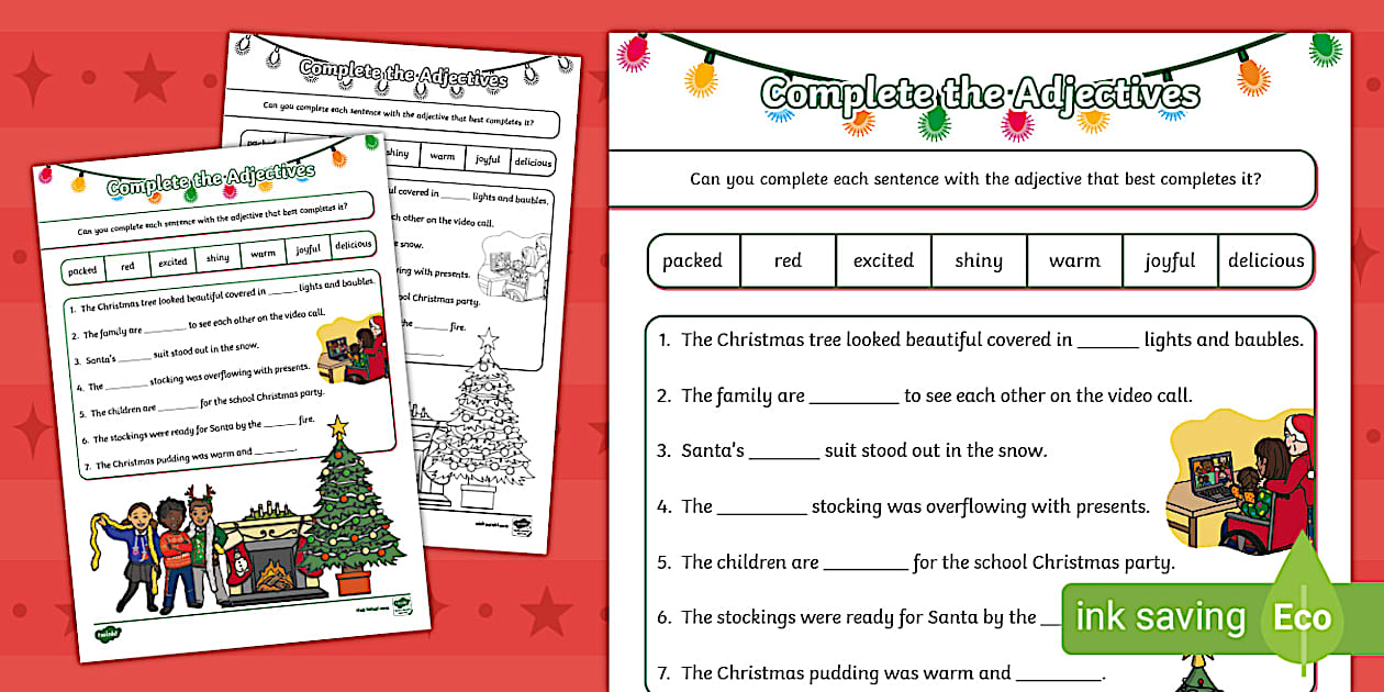 Christmas Adjectives Missing Word Sentence Worksheet