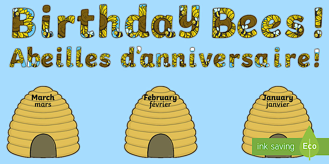 Cursive Birthday Bees Display pack English/French - Twinkl