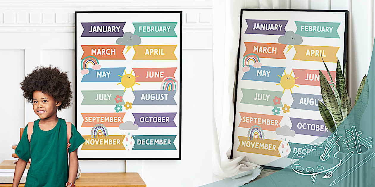 Months of the Year Muted Rainbow-Themed Poster - Twinkl