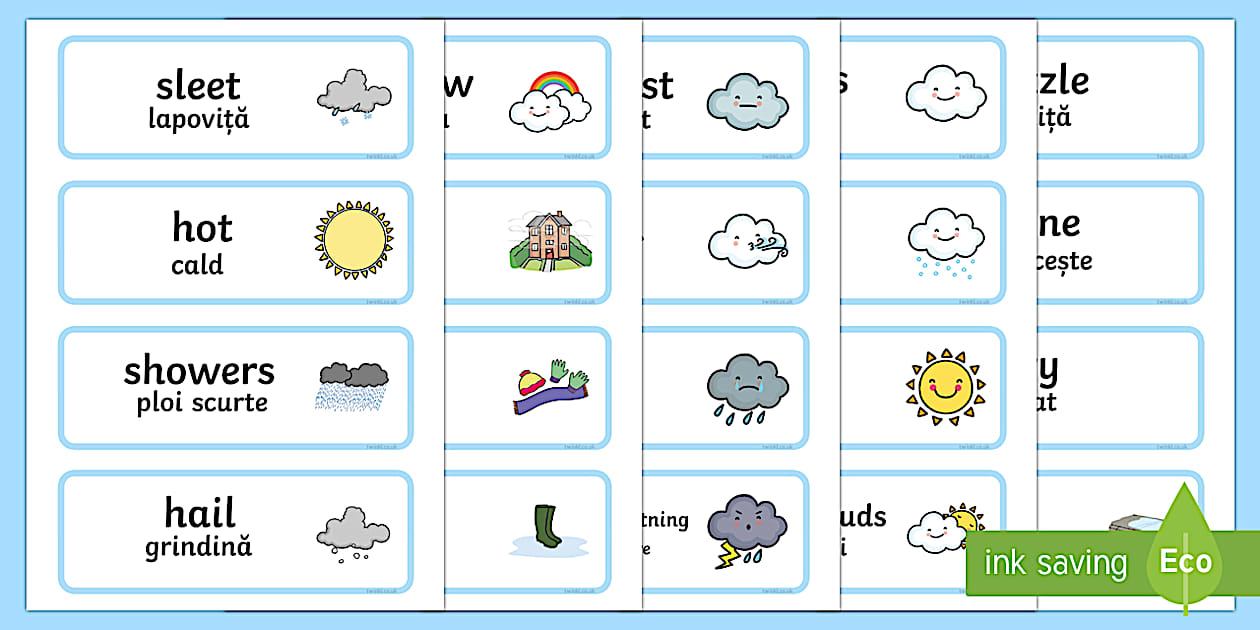 Weather Word Cards English/Romanian - Weather Word Cards