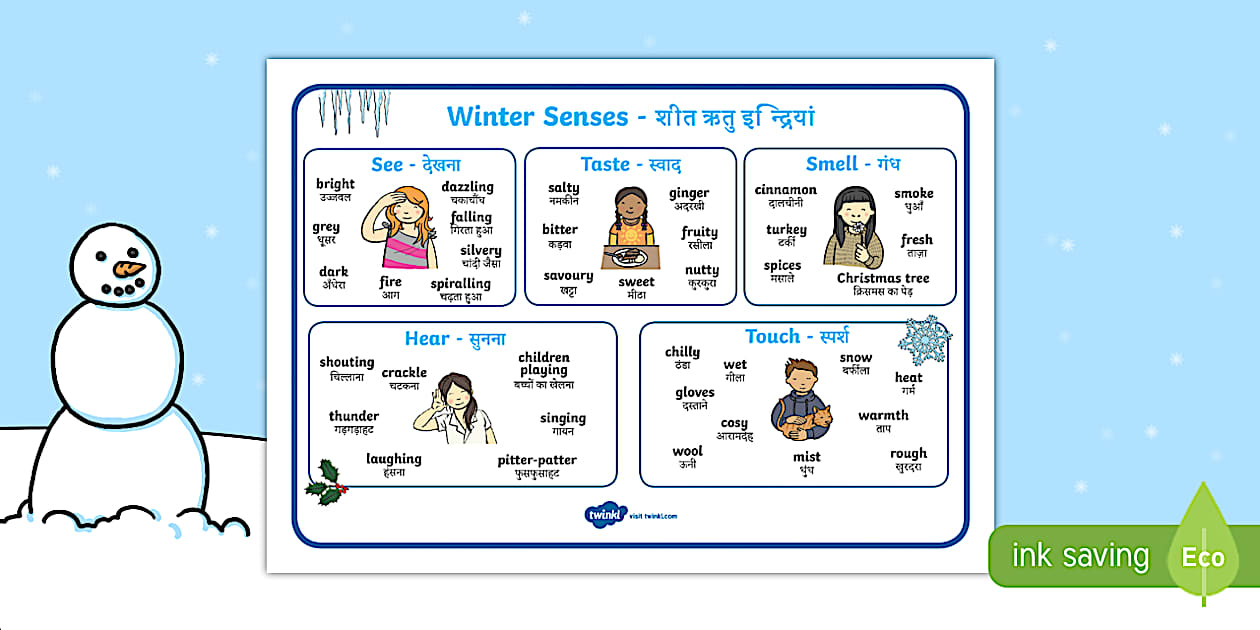 Winter Senses Word Mat English/Hindi