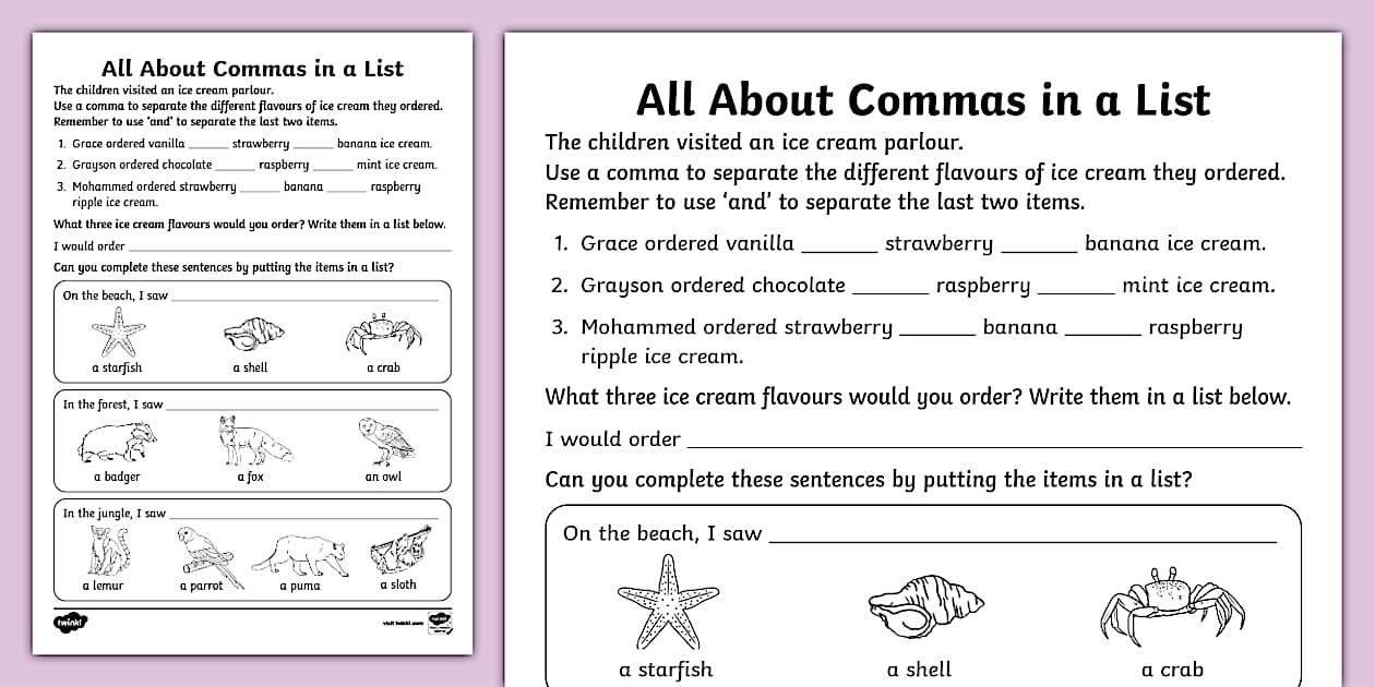 All About Commas in a List Activity Sheet (Teacher-Made)