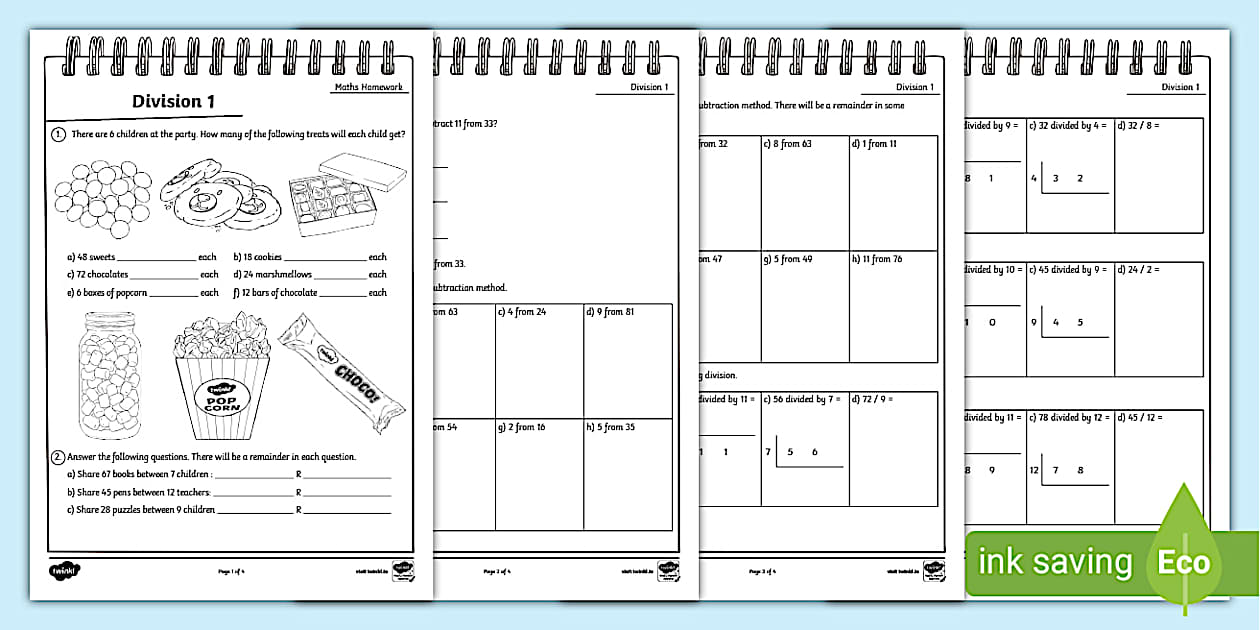 Maths Homework Division 1 3rd/4th Class (Teacher-Made)