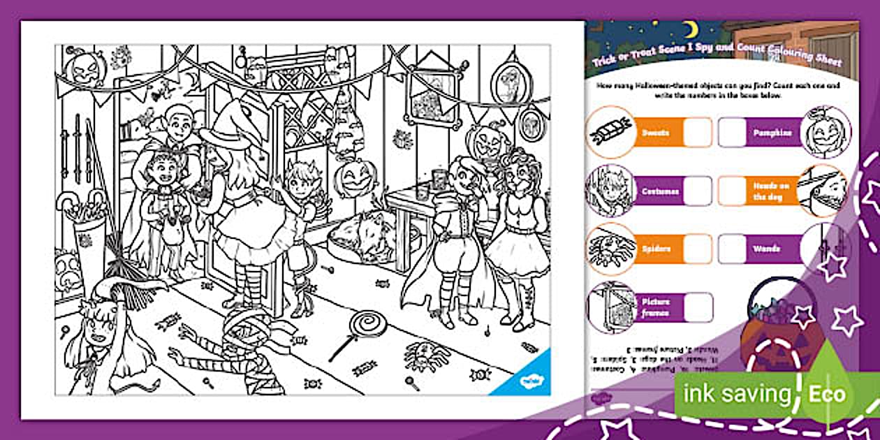Halloween-Themed I Spy and Count Colouring Sheet - Twinkl