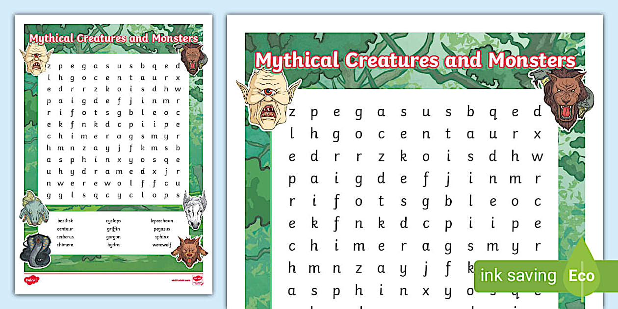 Mythical Creatures and Monsters Word Search - Twinkl