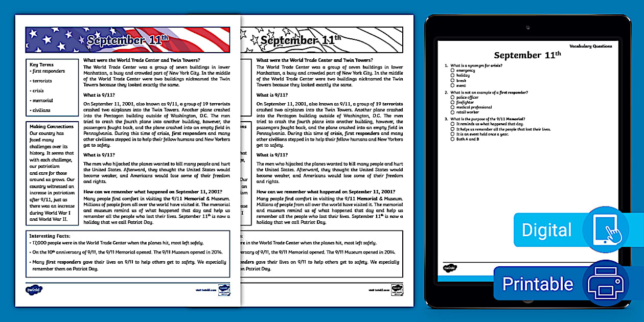 FREE Fifth Grade September 11th Fact File - Patriot Day