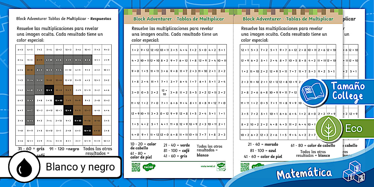Guía Resolver multiplicaciones para colorear Tamaño College
