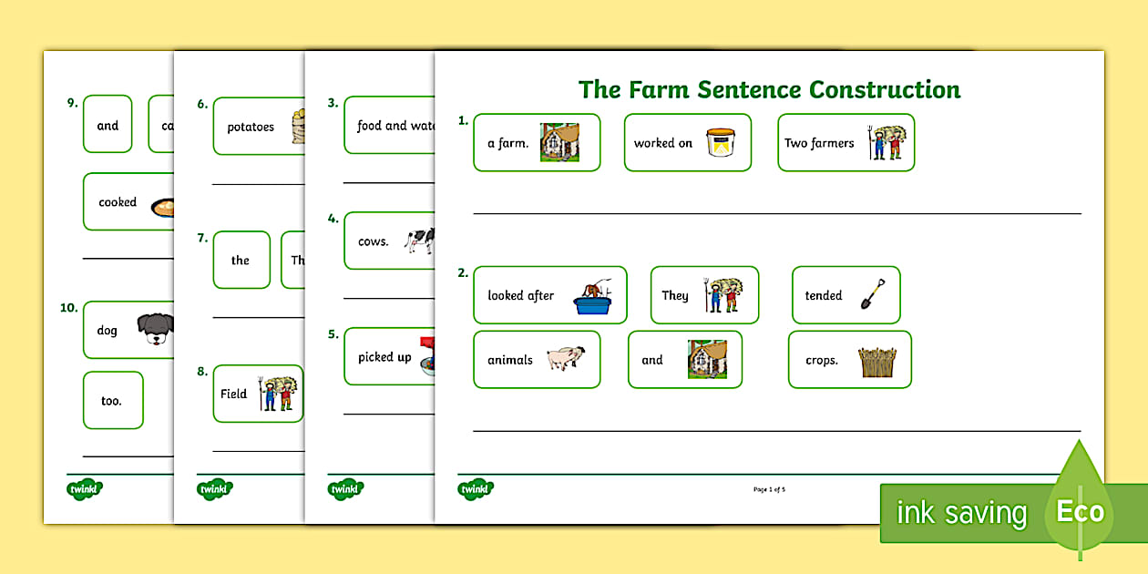 Farm Objects Sentence Construction Worksheet (teacher made)