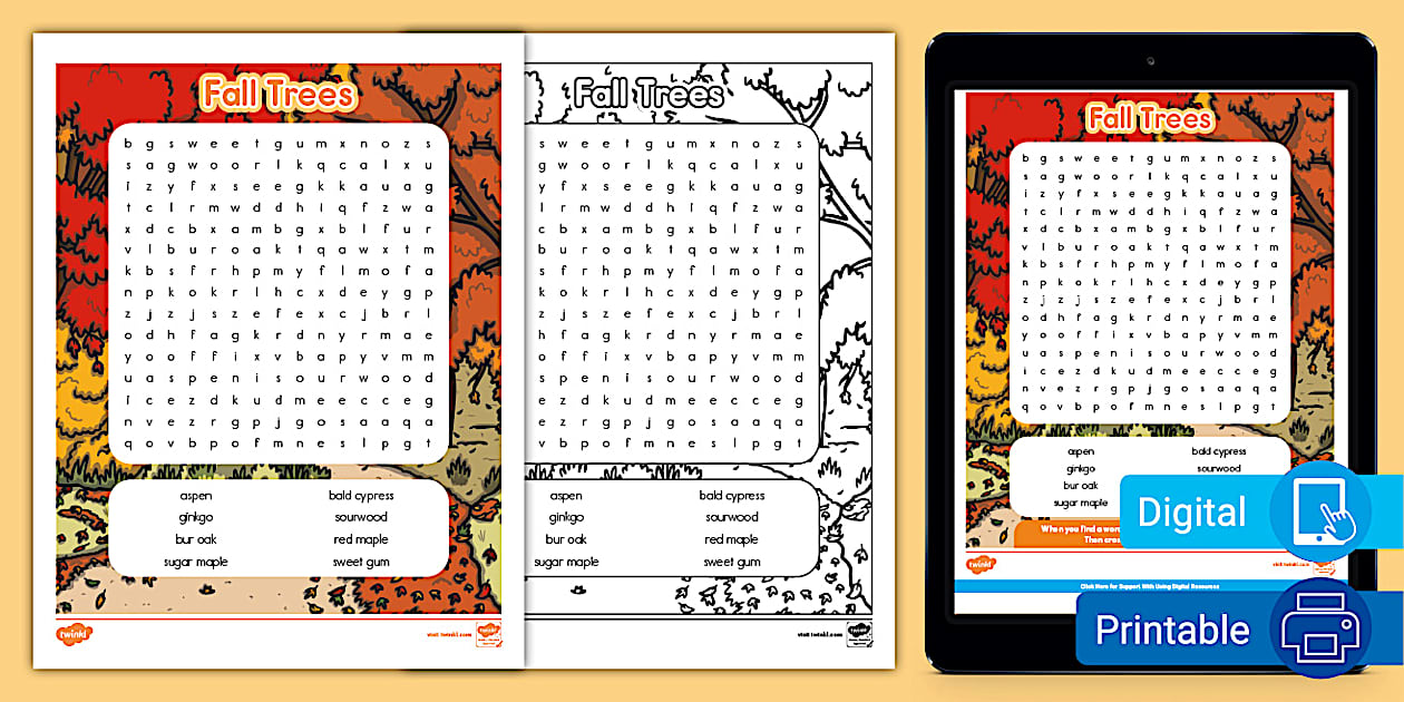 Fall Trees Word Search | Printable Word Puzzle | Twinkl