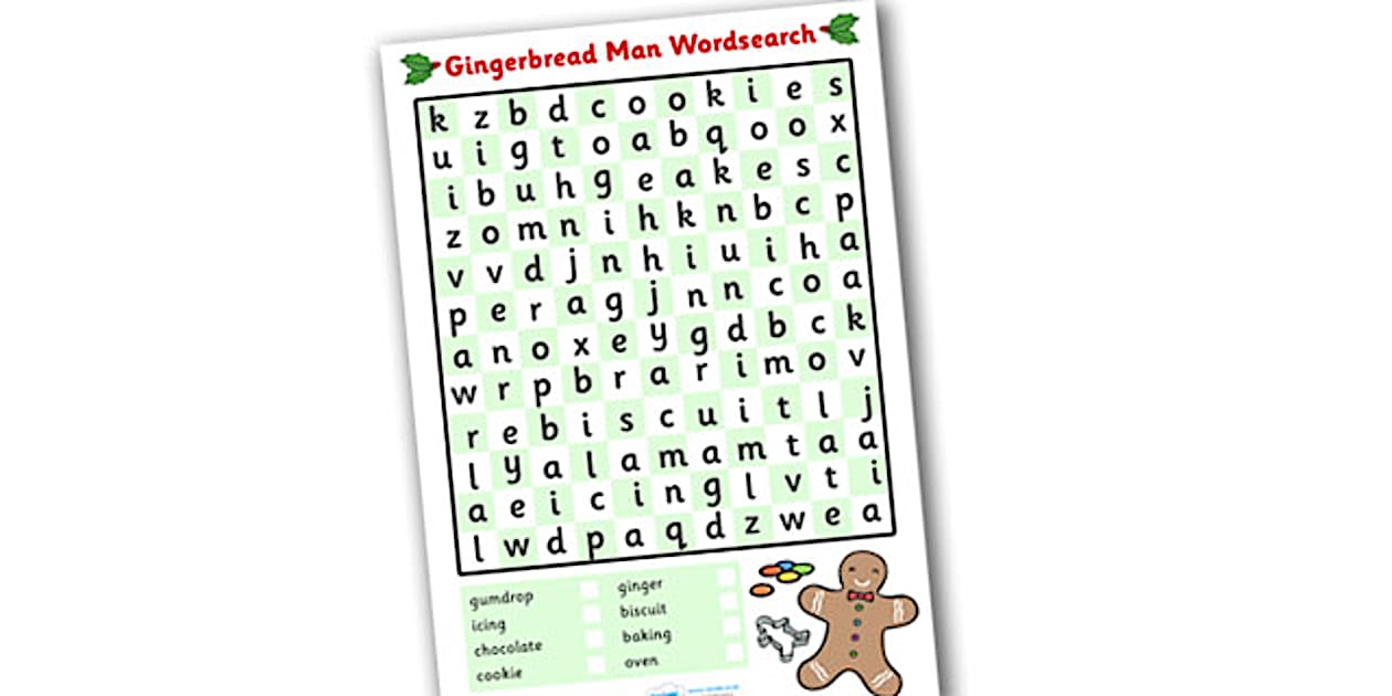 Black and White Gingerbread Man Word Search Worksheet