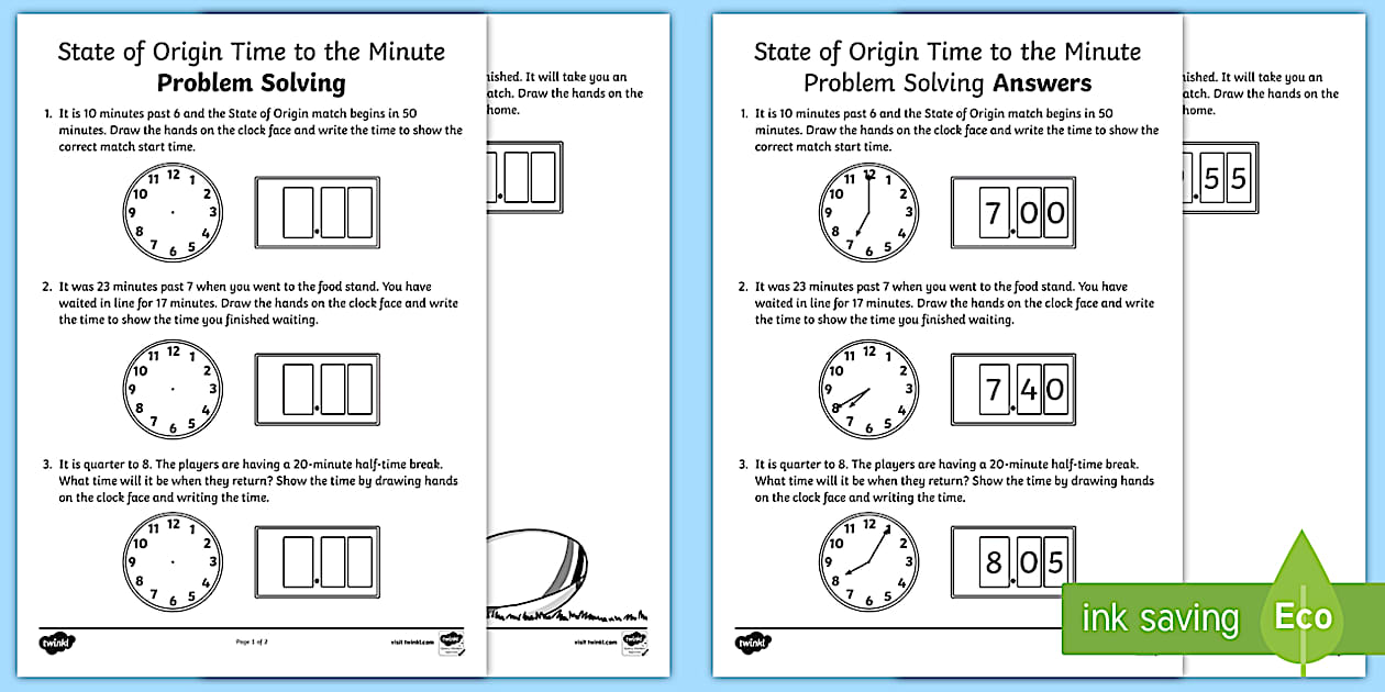 State of Origin Time to the Minute Problem Solving Worksheet / Worksheet