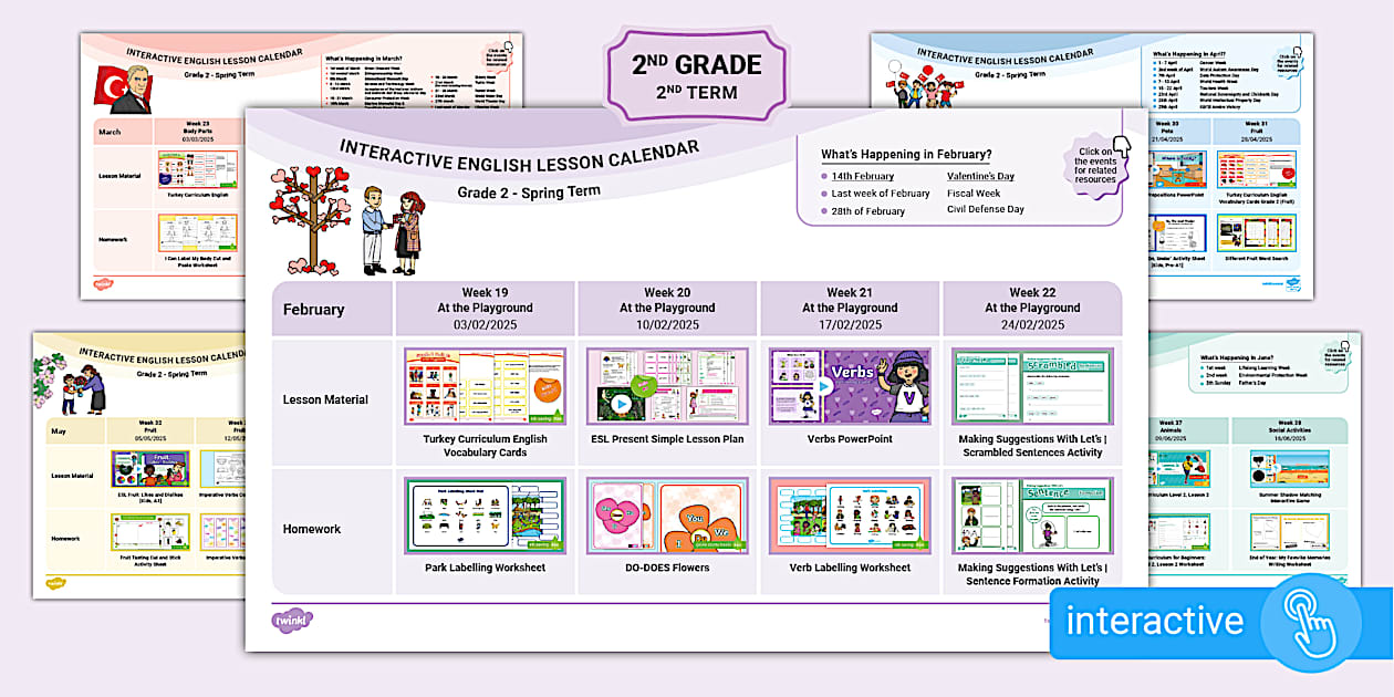 Interactive English Lesson Calendar | Grade 2 - Spring Term