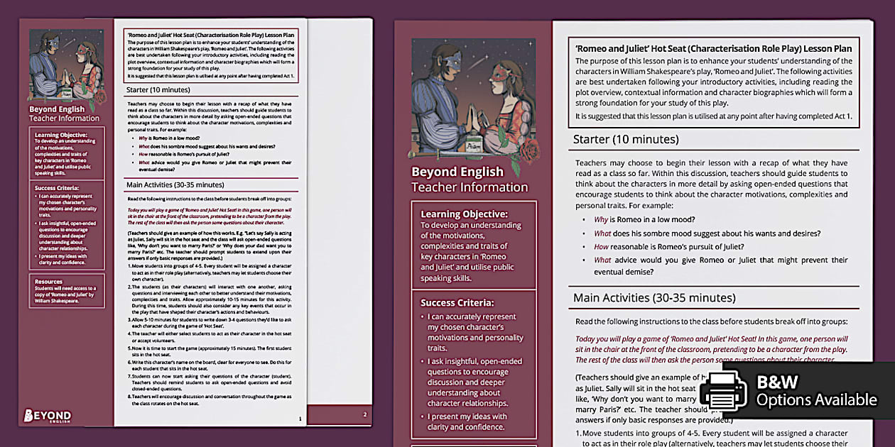 'Romeo and Juliet' Hot Seat (Role Play) Lesson Plan - Twinkl