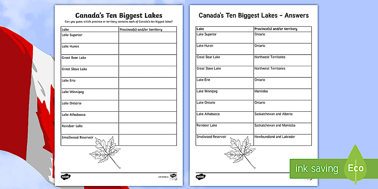Canada's Ten Biggest Lakes Worksheet | Twinkl CA