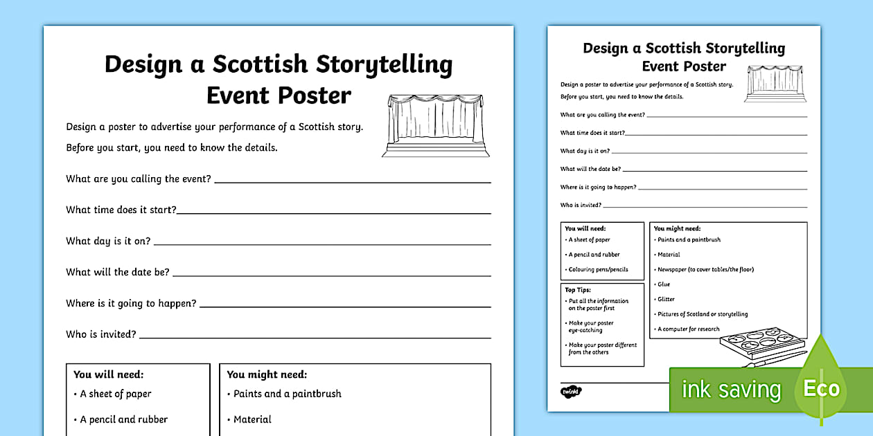 Design a Scottish Storytelling Event Poster CfE First Level Worksheet