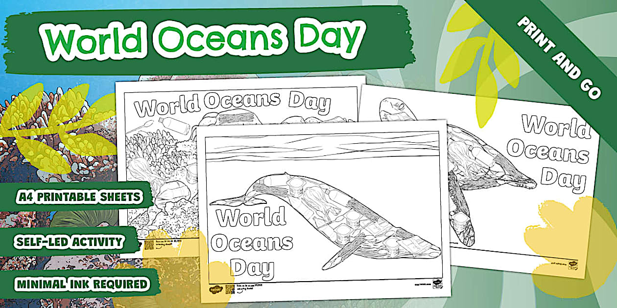 World Oceans Day Plastic Pollution Colouring Page