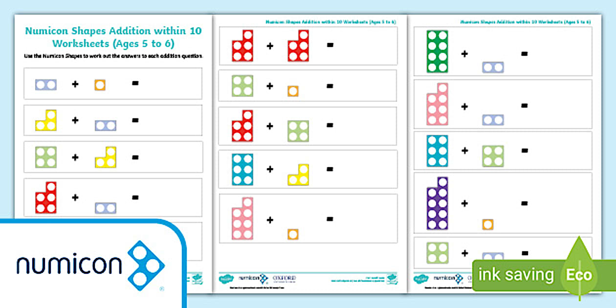 👉 Numicon Shapes Addition within 10 Worksheets (Ages 5 to 6)