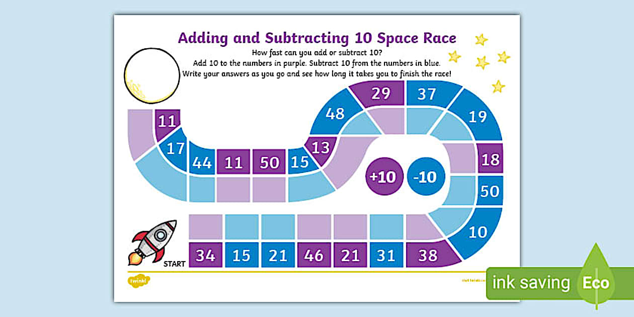 Adding and Subtracting 10 Race Worksheet Game (teacher made)