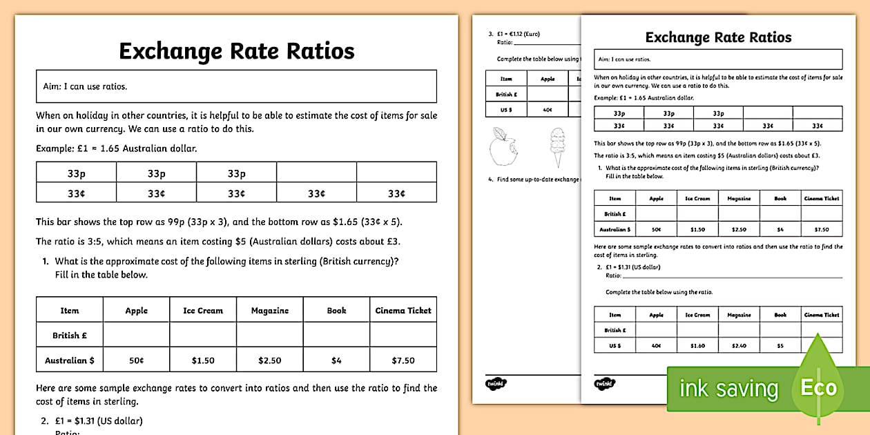 Exchange Rate Worksheet - Ratios Worksheet - Maths - Twinkl