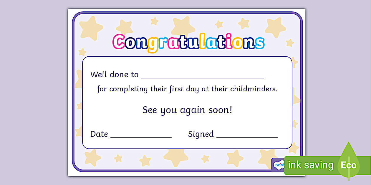 Starting at My Childminders: First Day Certificate - Twinkl