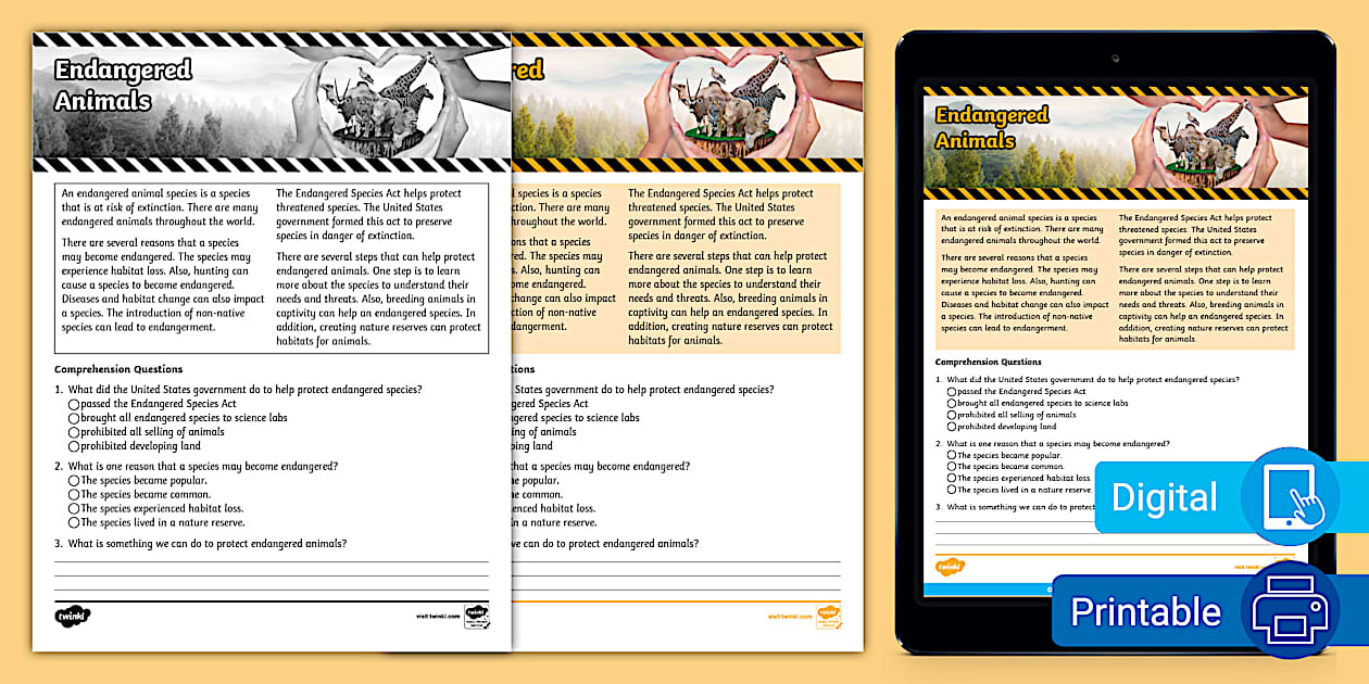 Fourth Grade Endangered Animals Reading Comprehension