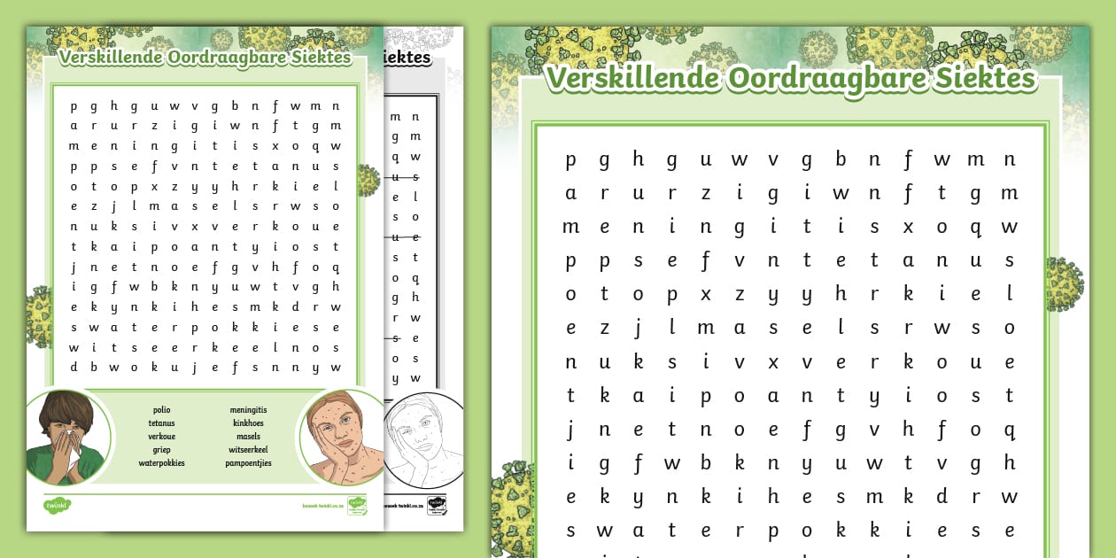 Verskillende Oordraagbare Siektes - Woordsoek - Twinkl