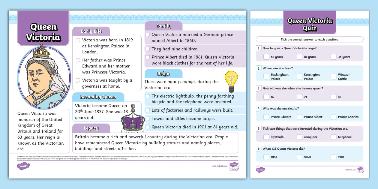 KS1 Queen Victoria Fact File and Quiz | History Resources