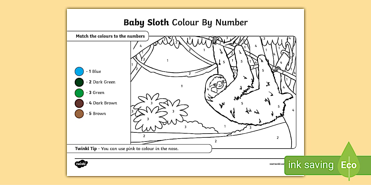 Baby Sloth Colour-by-Number Worksheet | Twinkl | KS1