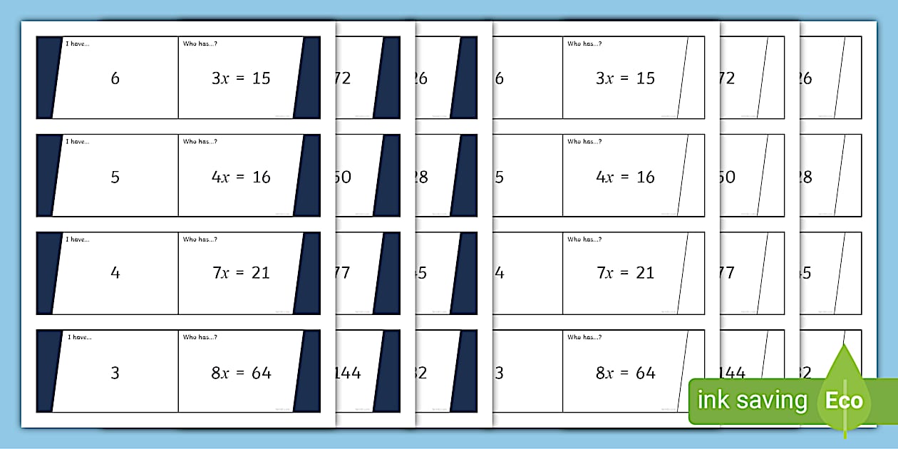 One-Step Linear Equations I Have, Who Has Game for 6th-8th Grade