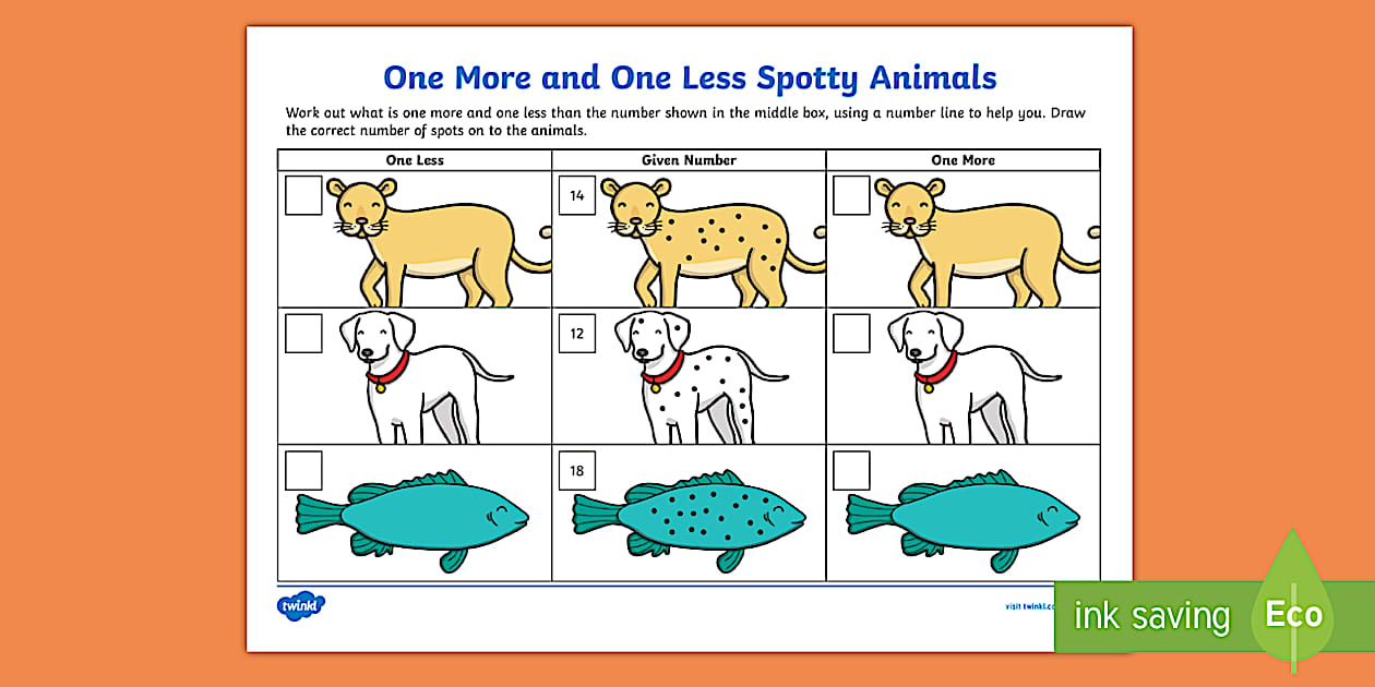 One More One Less Spotty Animals Worksheet - Twinkl