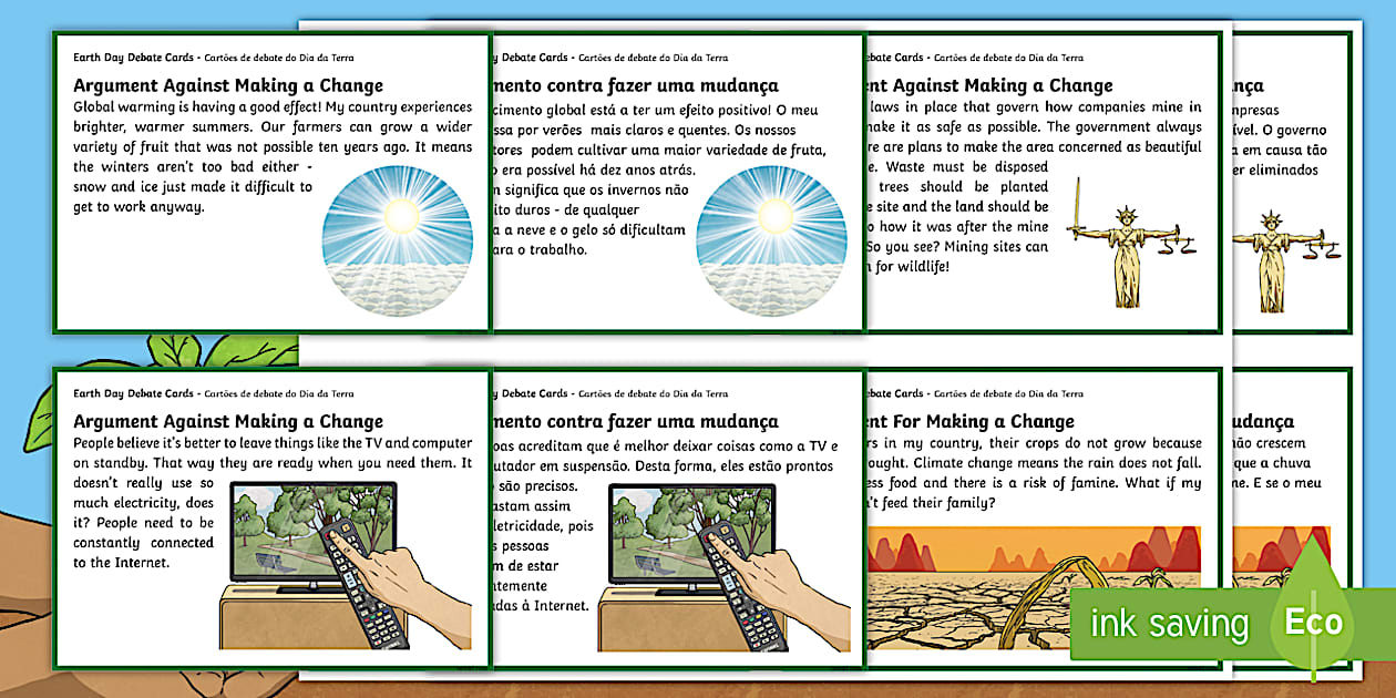 Earth Day Debate Cards English/Portuguese (professor feito)