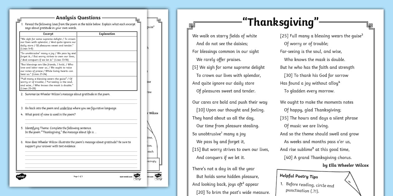 Thanksgiving Poetry Analysis | ELA | Twinkl USA - Twinkl