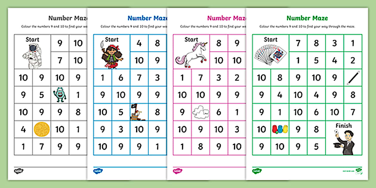 👉 Numbers 9 and 10 Maze Worksheets (teacher made)
