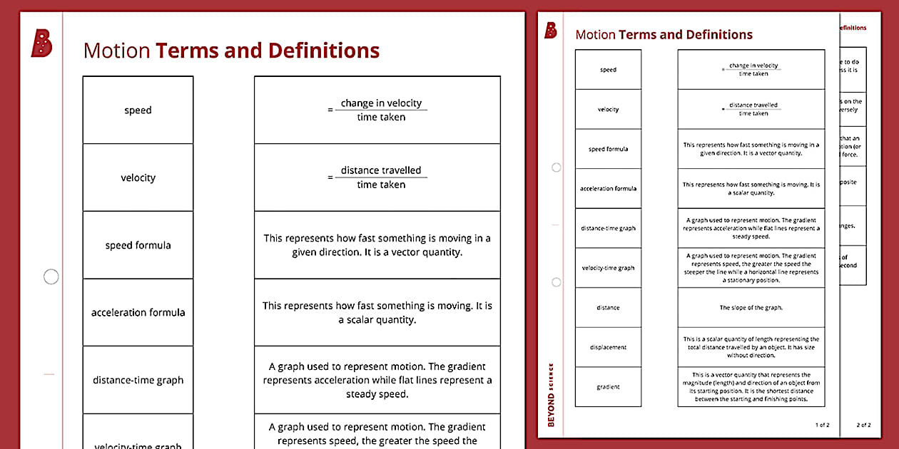 Motion Terms and Definitions Matching Activity - Twinkl