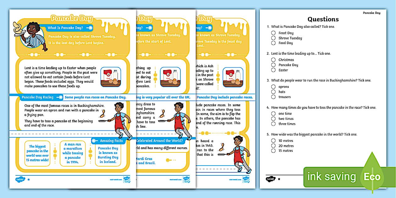 Editable Pancake Day Reading Comprehension (teacher made)