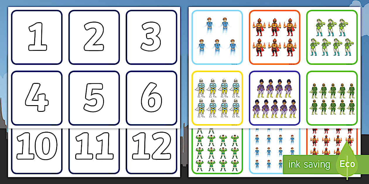 Cartes pour jeu de paires : les nombres 1 à 20 - Les super-héros