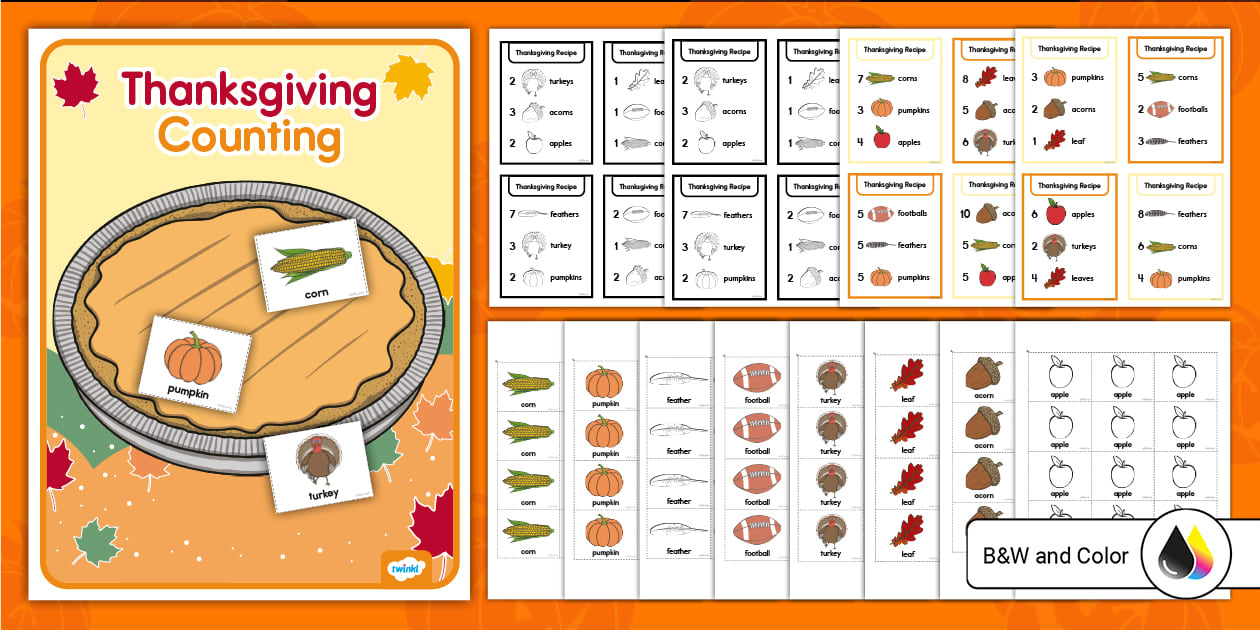 Thanksgiving Counting Recipe Activity Worksheet Cards for PK-K