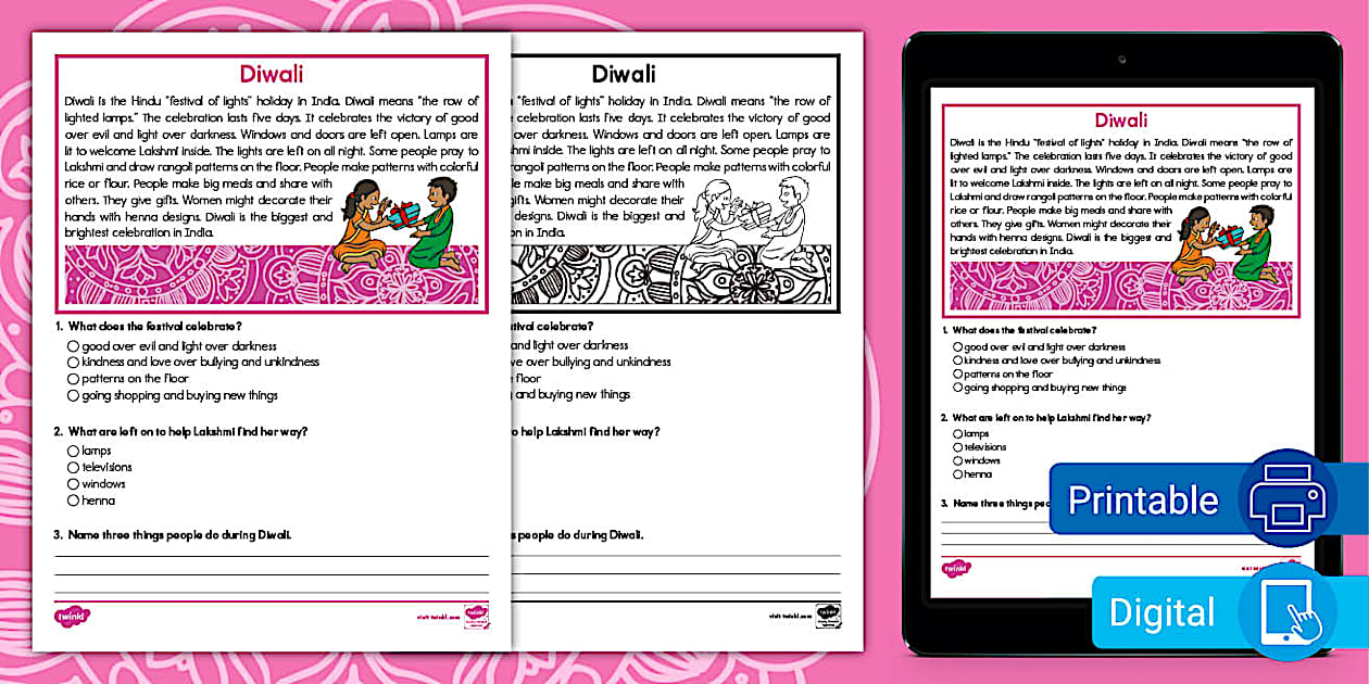 Second Grade Diwali Reading Passage Comprehension Activity Worksheet