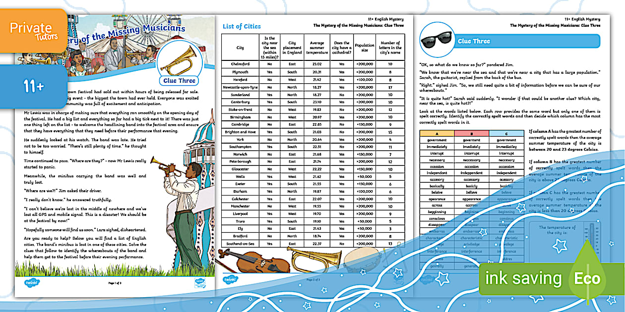 11+ English Reasoning Summer Mystery Challenge Clue Three