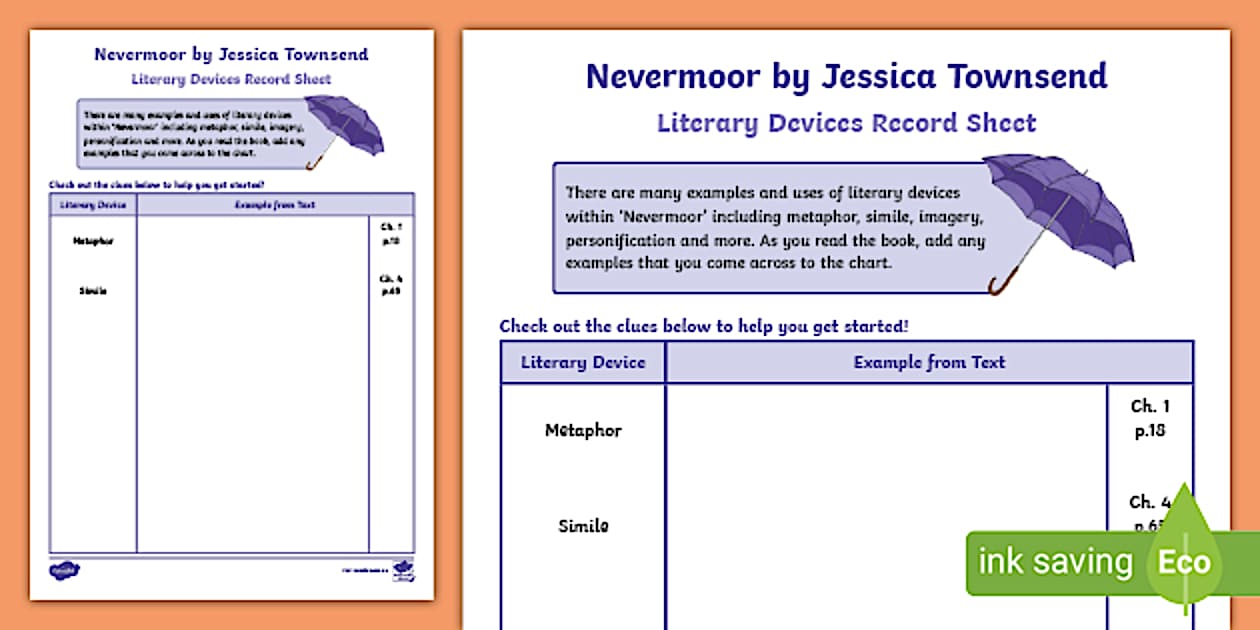 Literary Devices Record Sheet (teacher made) - Twinkl