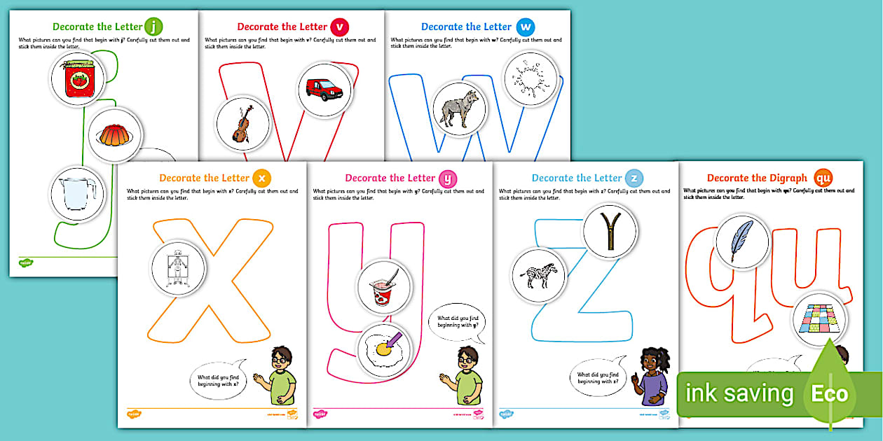 j, v, w, x, y, z and qu Initial Sounds Cutting Skills Activity