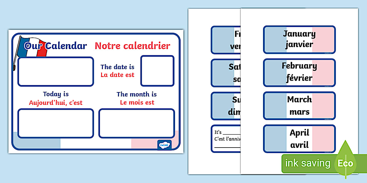 Cursive English/French Calendar Display (professor feito)