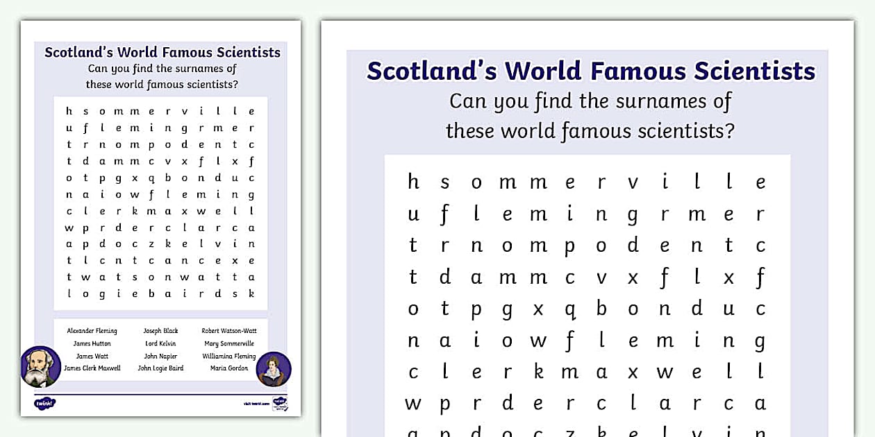 Scotland's World Famous Scientists Word Search - Twinkl